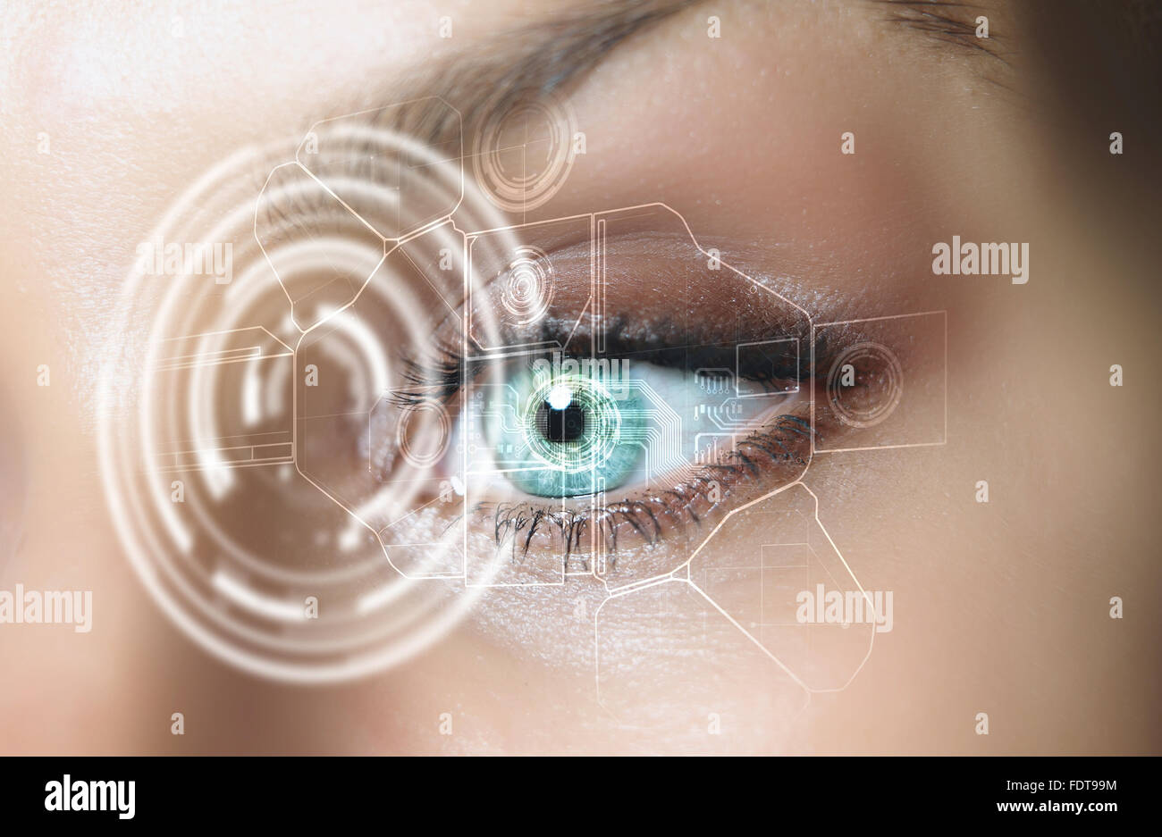 Eye viewing digital information represented by circles and signs Stock ...