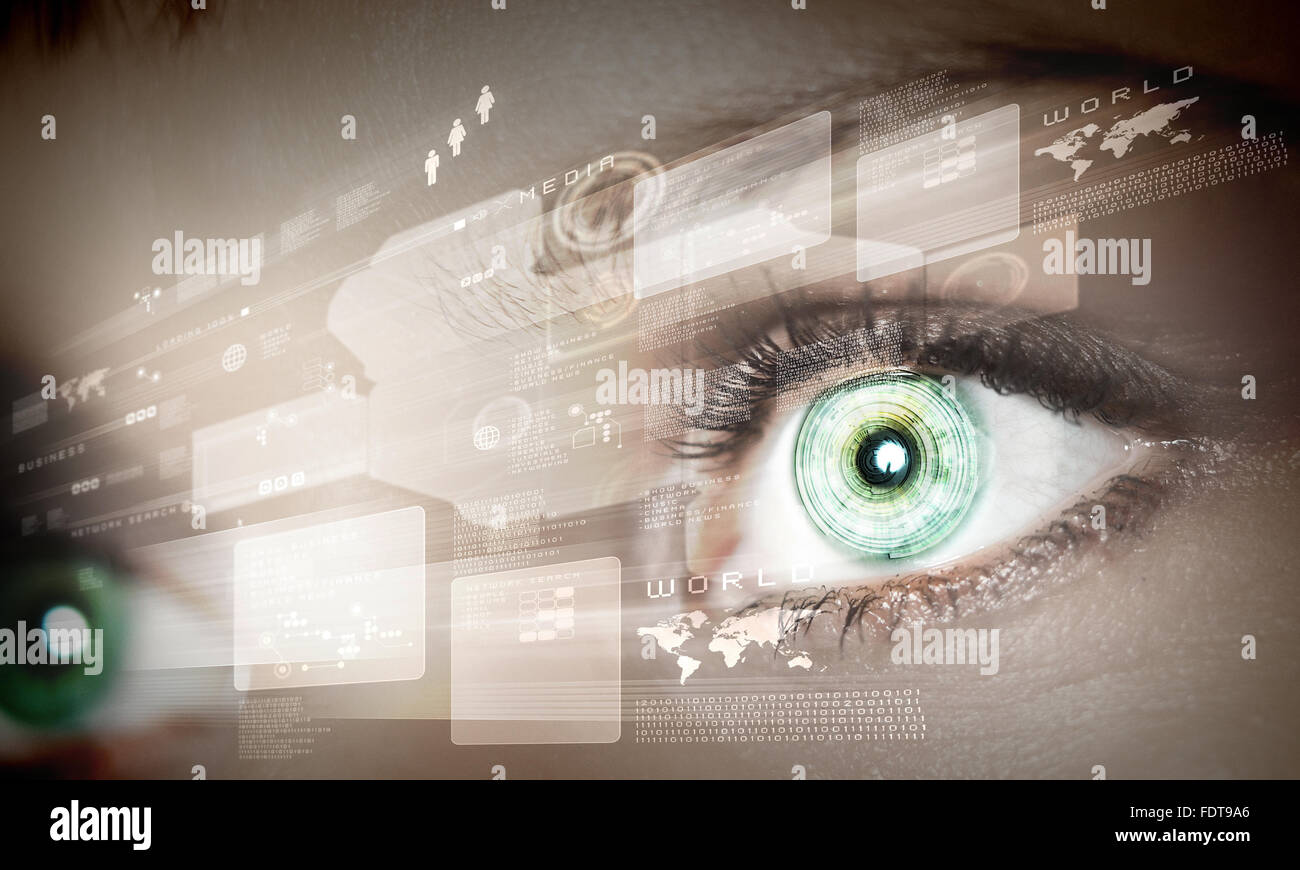 Eye viewing digital information represented by circles and signs Stock ...
