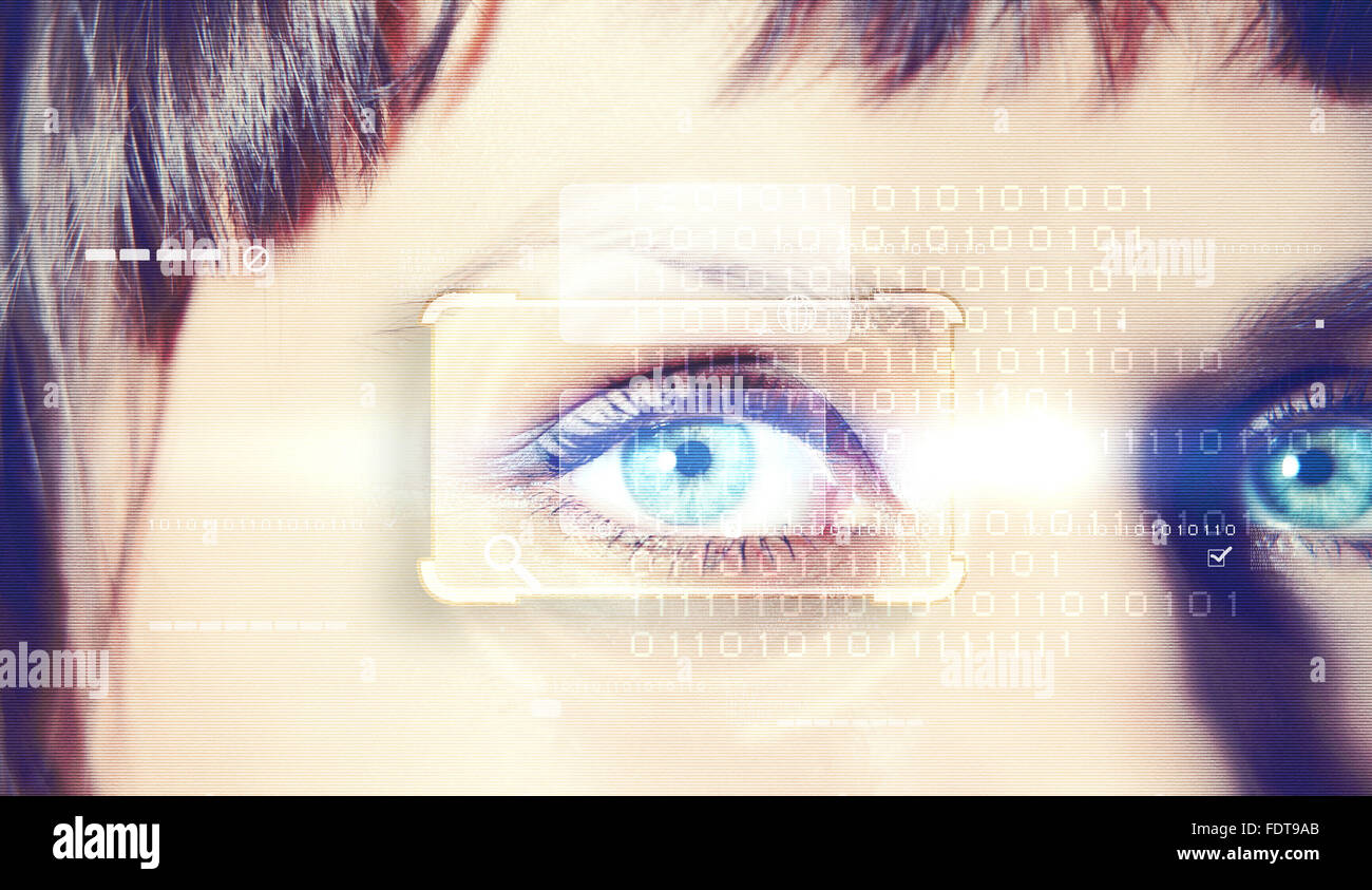 Eye viewing digital information represented by circles and signs Stock ...