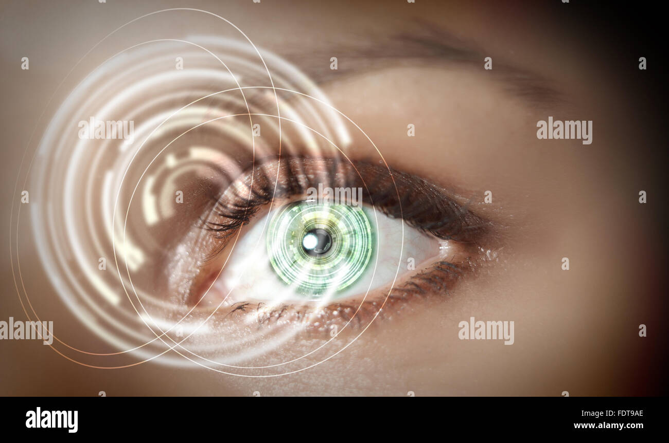 Eye viewing digital information represented by circles and signs Stock ...