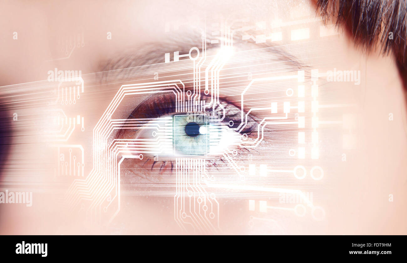 Eye viewing digital information represented by circles and signs Stock ...