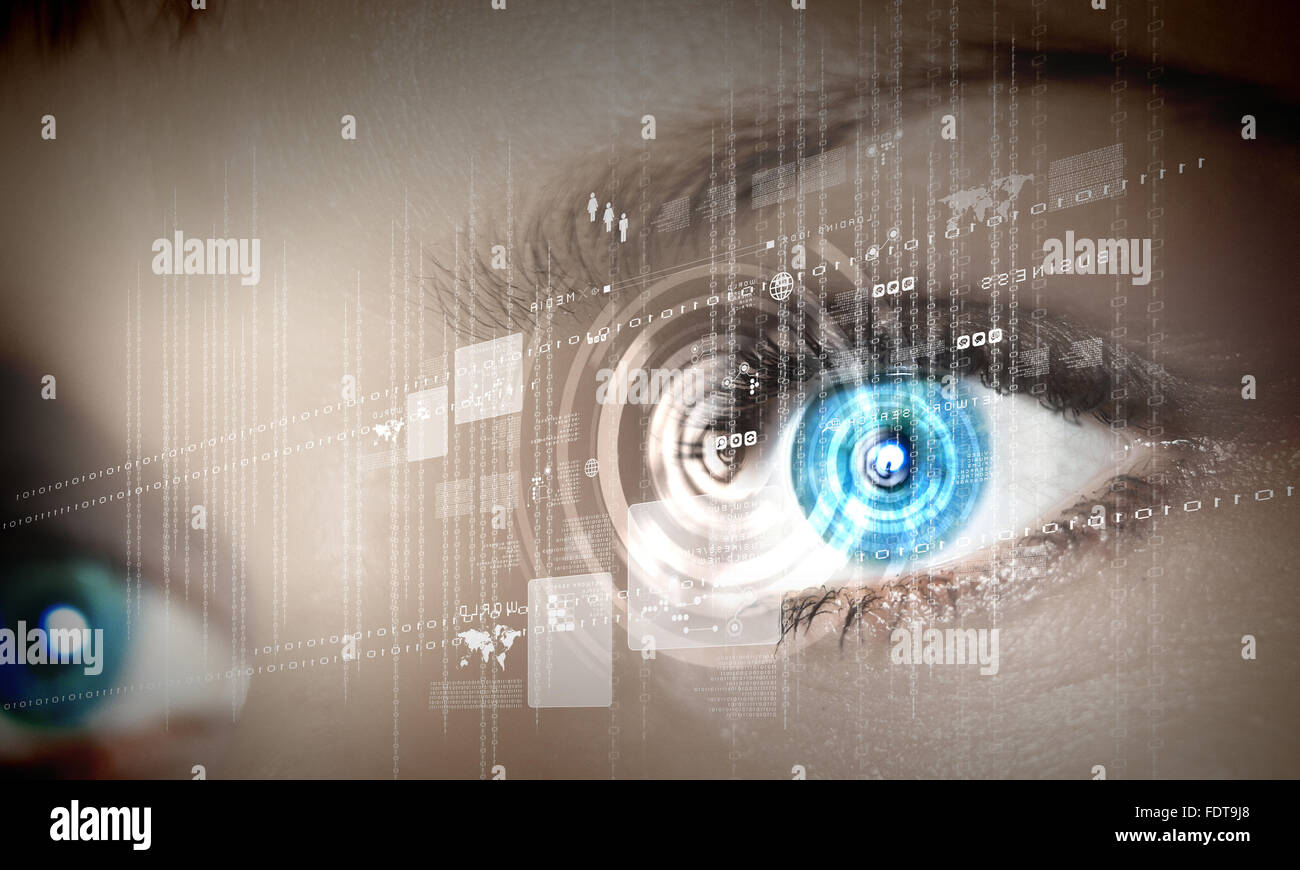 Eye viewing digital information represented by circles and signs Stock ...