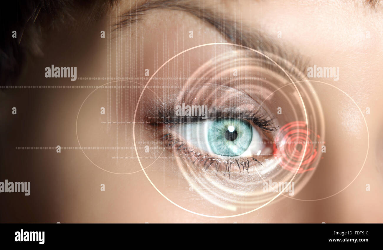 Eye viewing digital information represented by circles and signs Stock ...