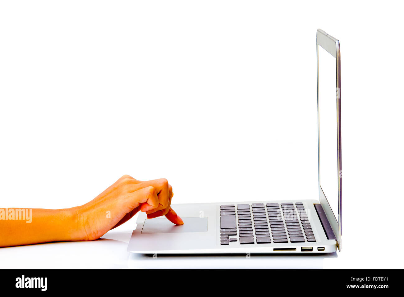 Girl finger on laptop isolated on white background Stock Photo - Alamy
