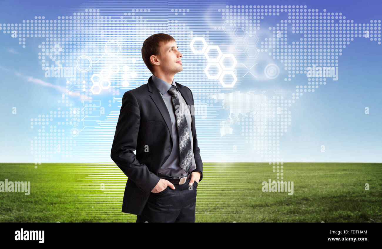 Business person standing against modern virtual technology background ...