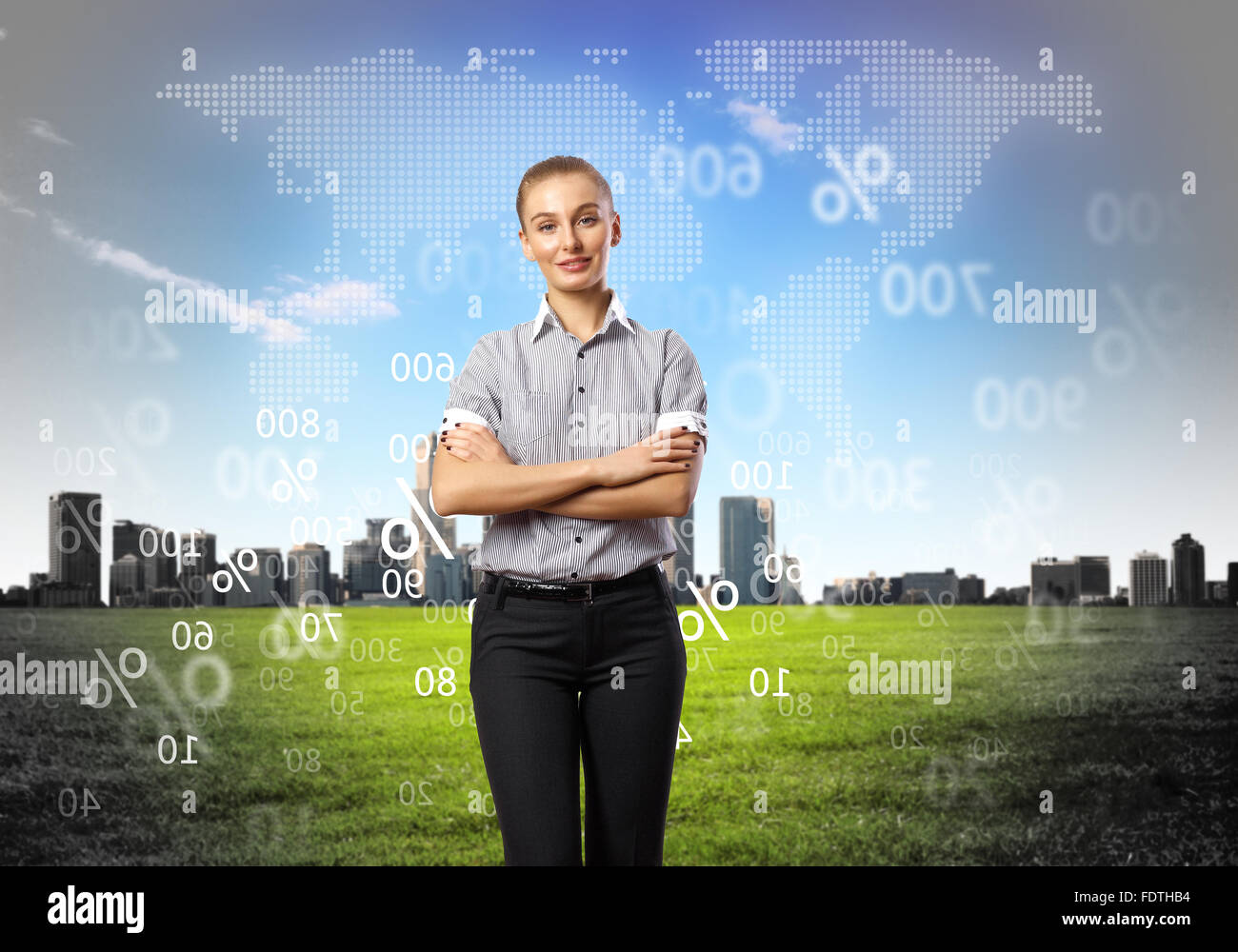 Business person standing against modern virtual technology background ...