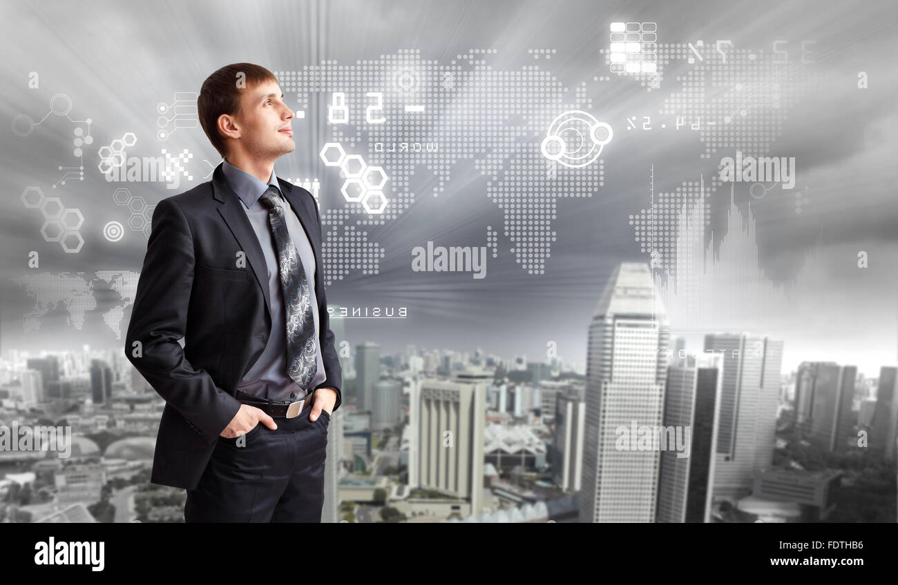 Business person standing against modern virtual technology background ...
