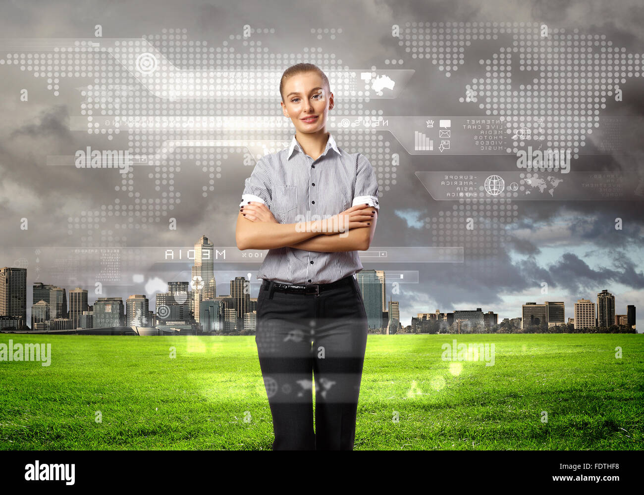 Business person standing against modern virtual technology background ...