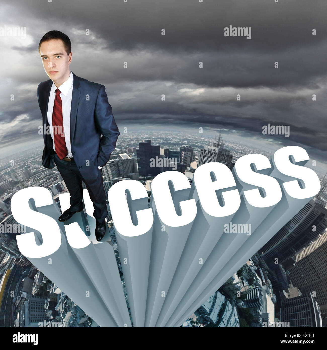 Businessman in suit standing on the word Success Stock Photo - Alamy