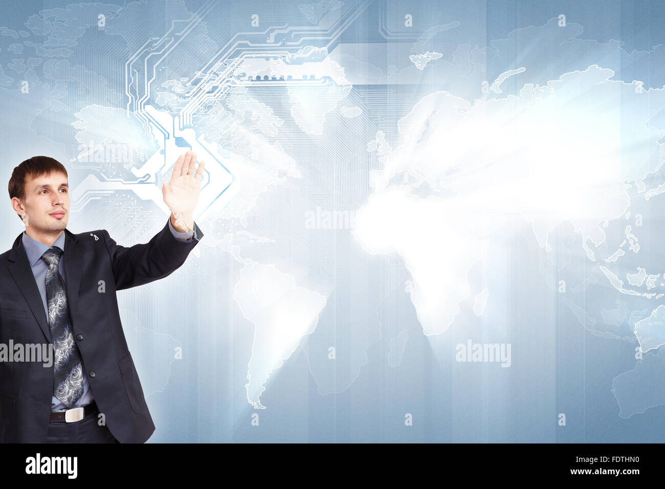 Modern Business World, A businessman navigating virtual world map Stock ...