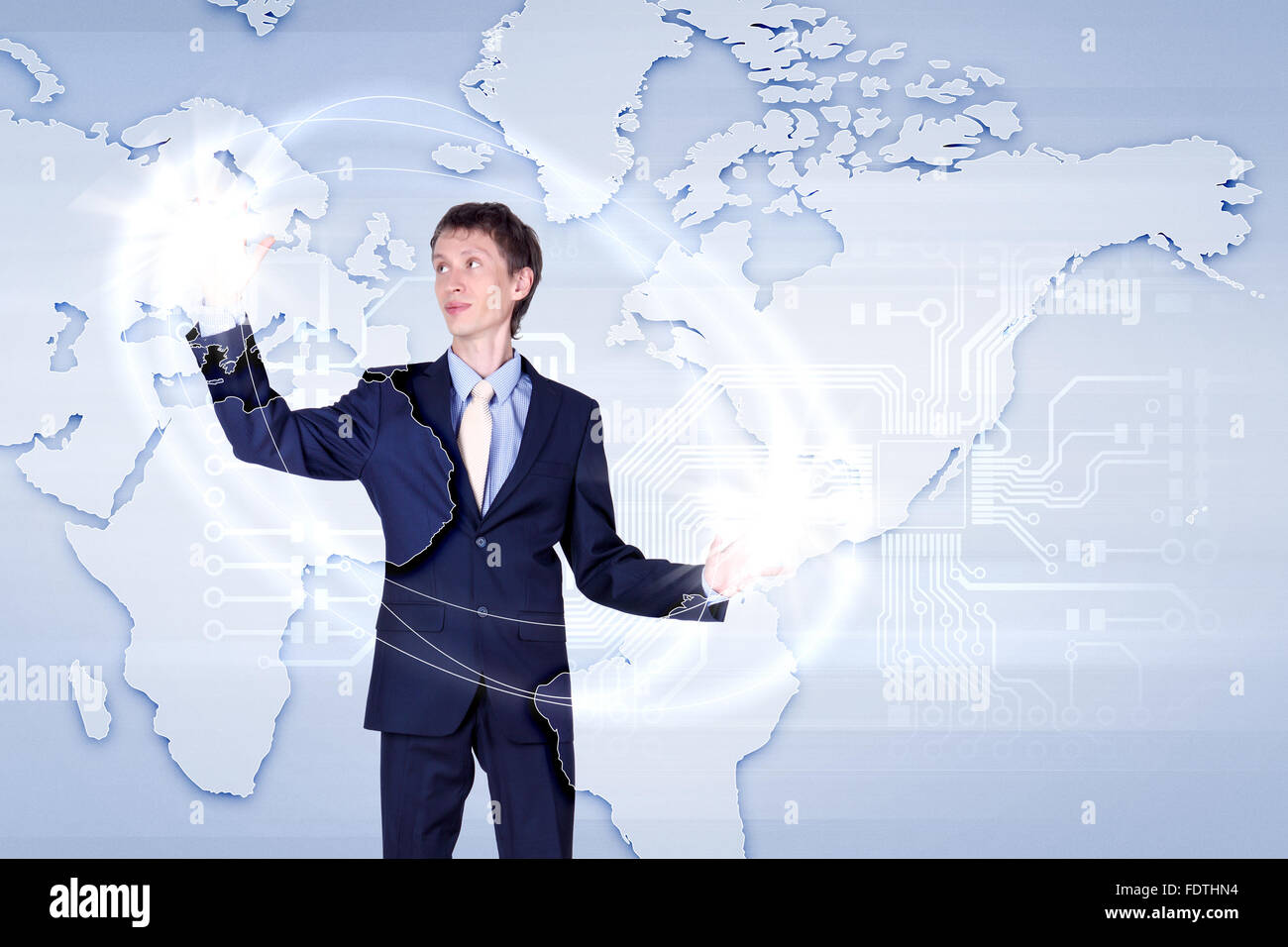 Modern Business World, A businessman navigating virtual world map Stock ...