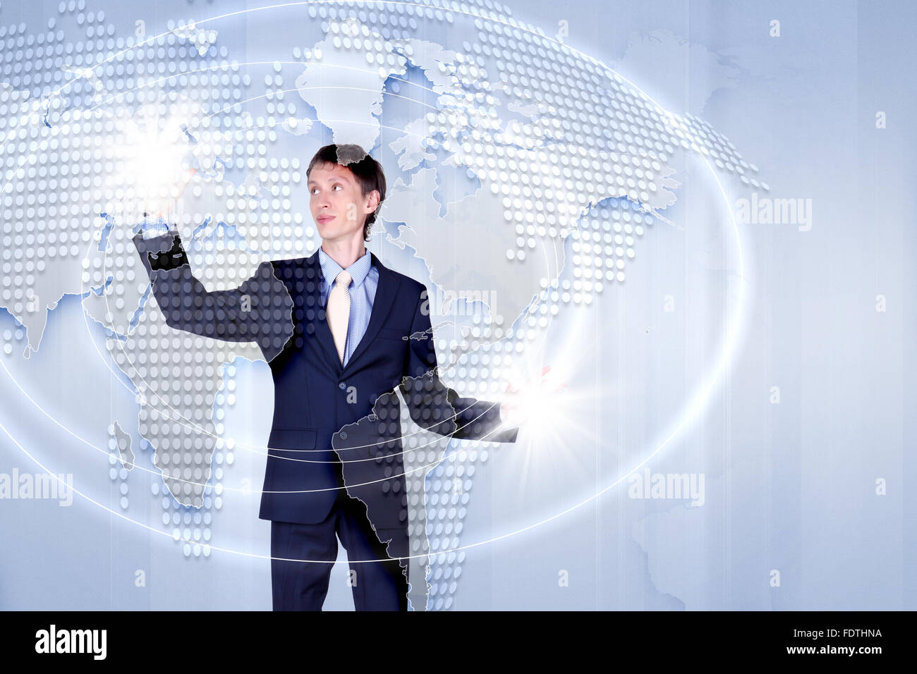 Modern Business World, A businessman navigating virtual world map Stock ...