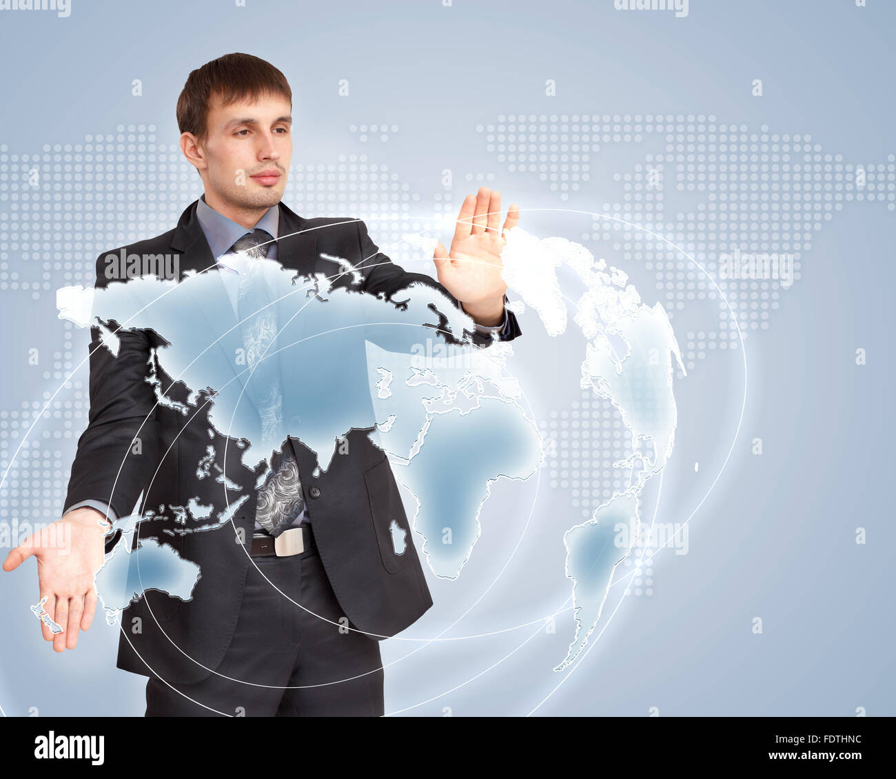 Modern Business World, A businessman navigating virtual world map Stock ...