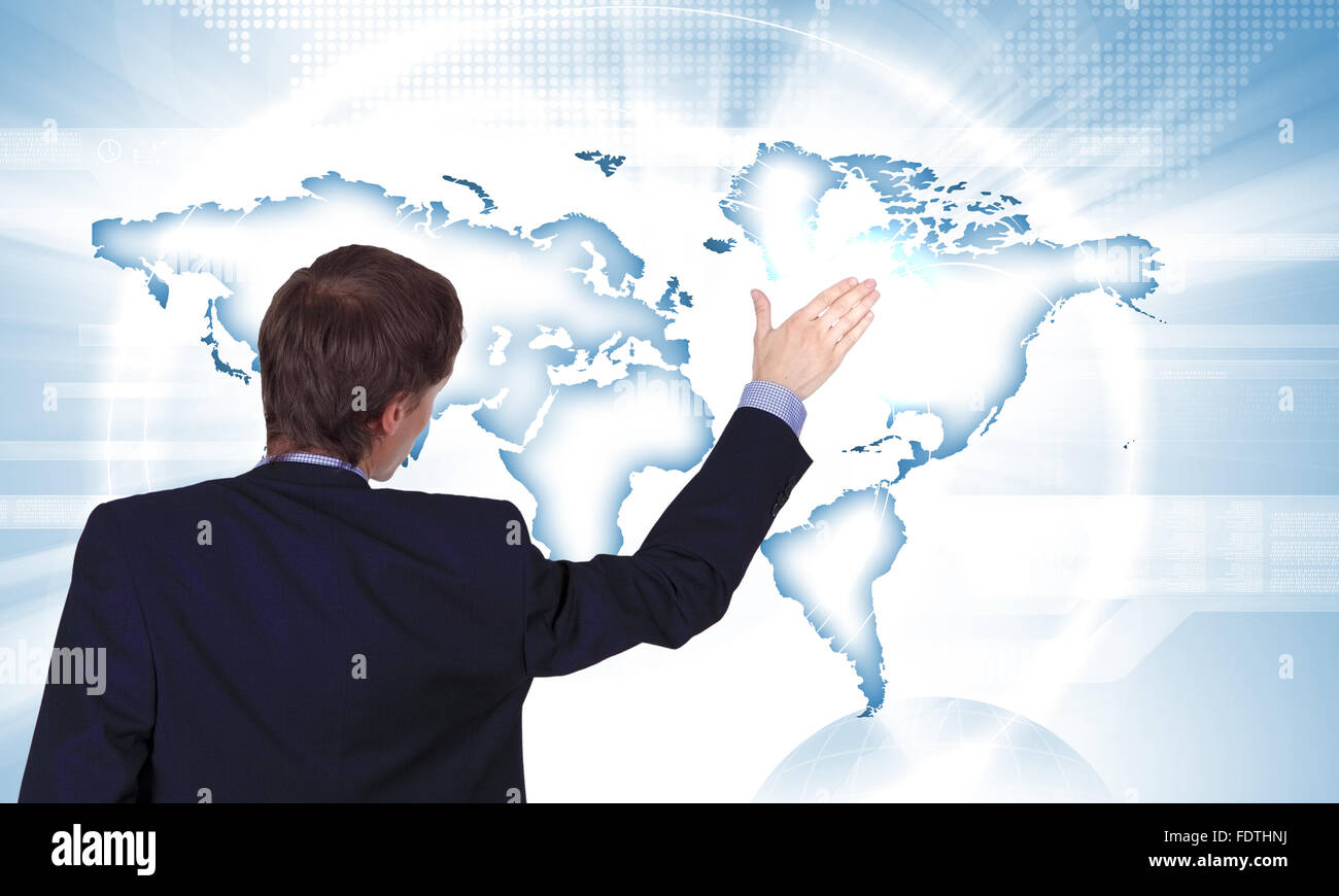 Modern Business World, A businessman navigating virtual world map Stock ...