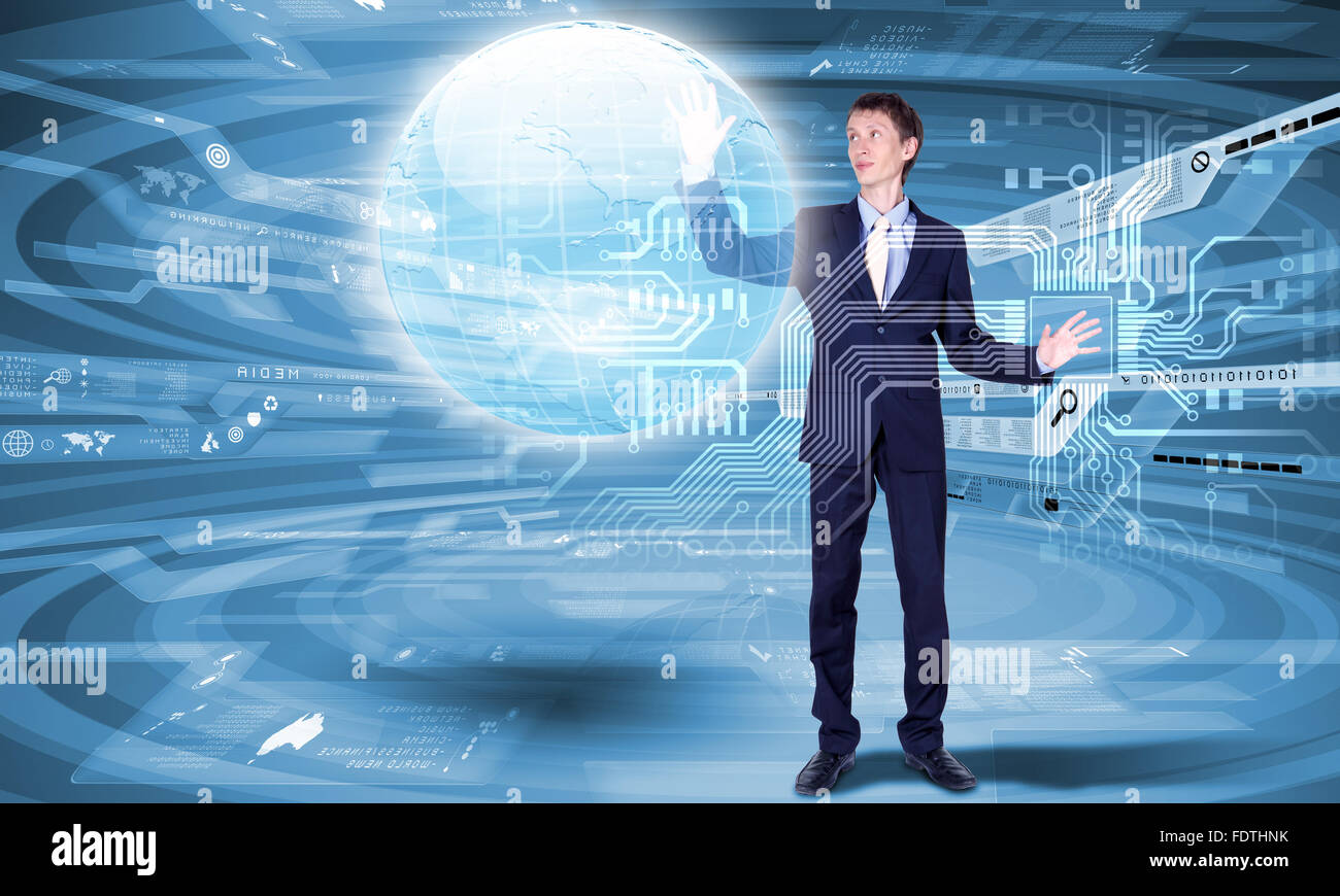 Modern Business World, A businessman navigating virtual world map Stock ...