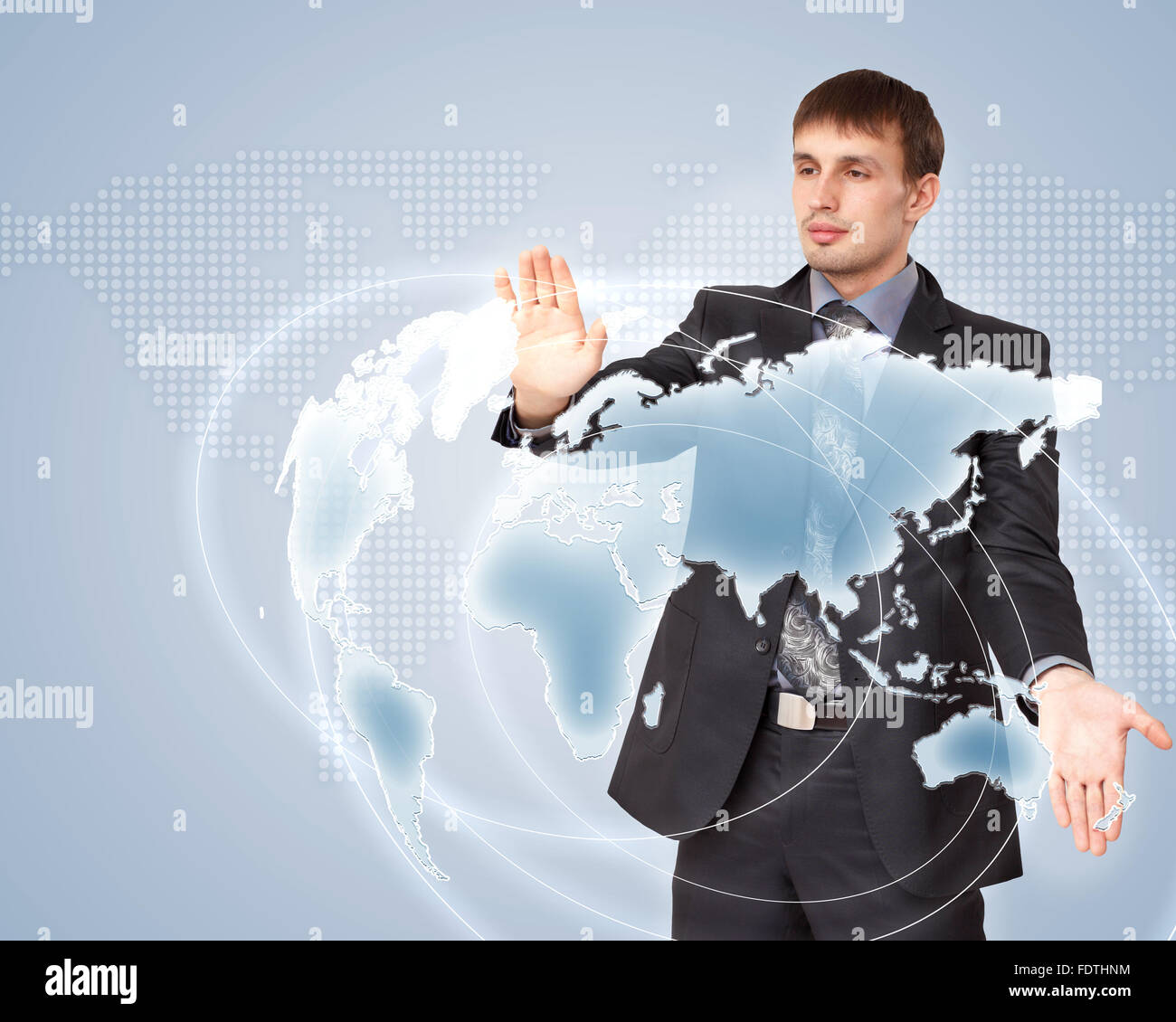 Modern Business World, A businessman navigating virtual world map Stock ...