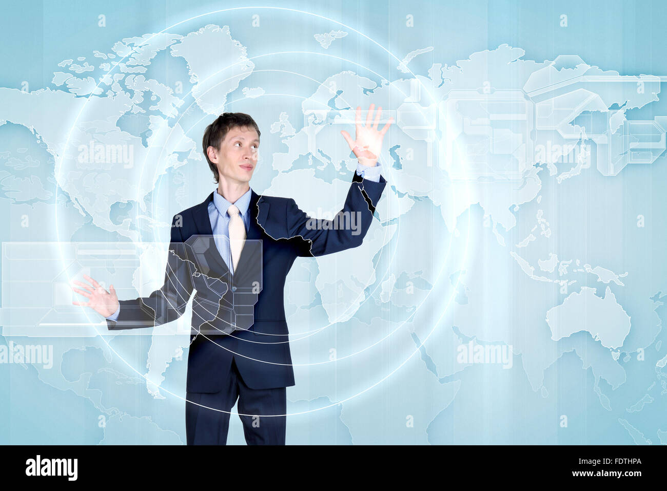 Modern Business World, A businessman navigating virtual world map Stock ...