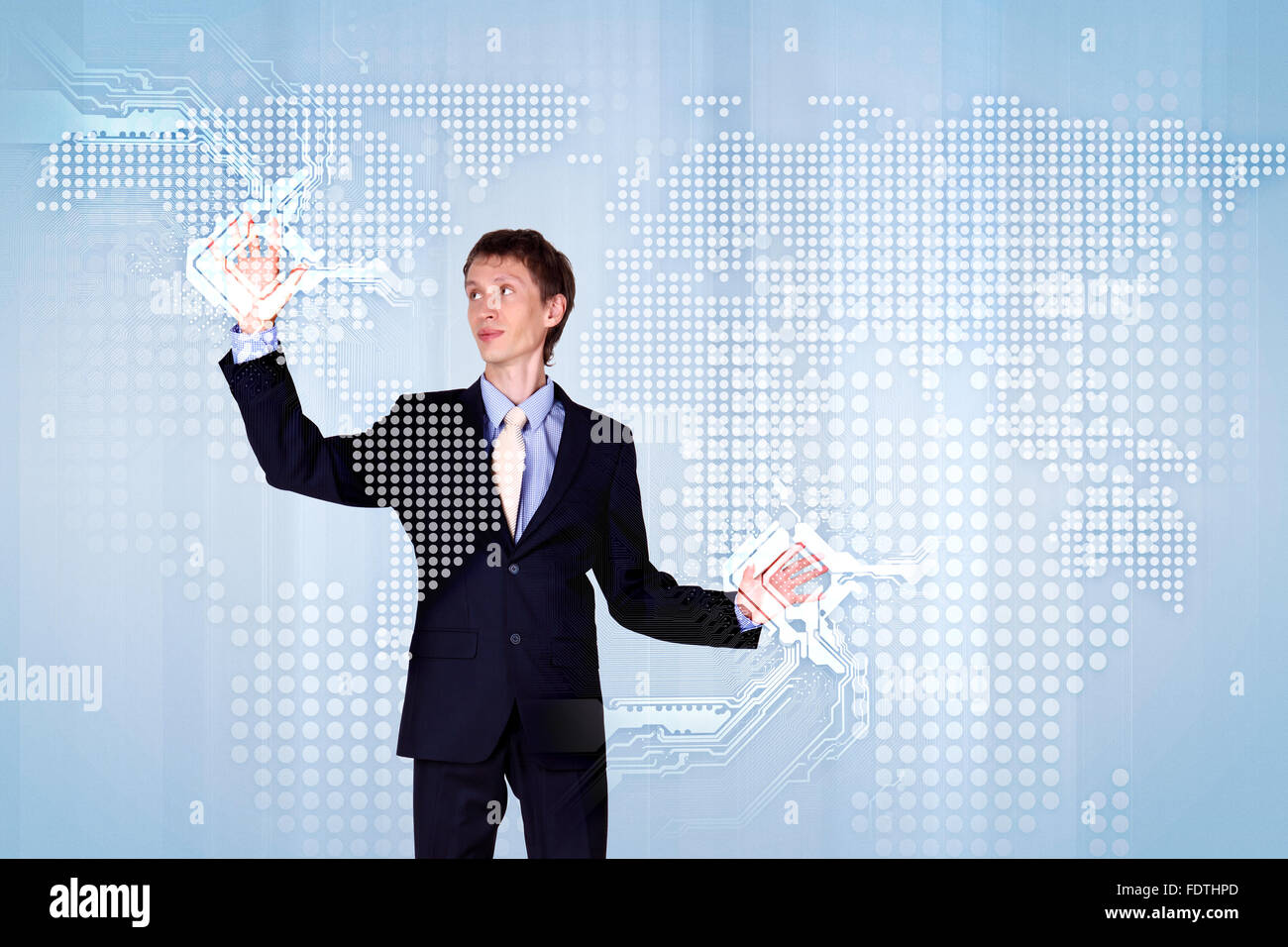 Modern Business World, A businessman navigating virtual world map Stock ...