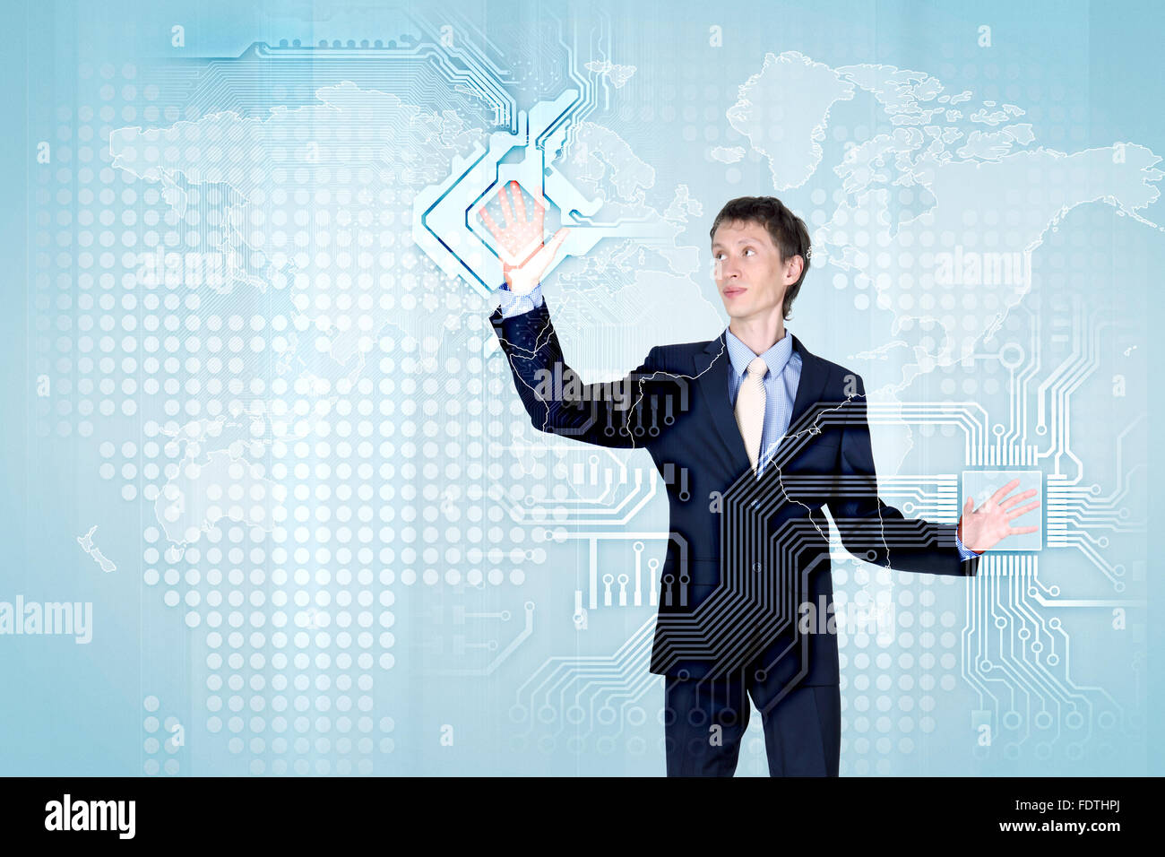 Modern Business World, A businessman navigating virtual world map Stock ...