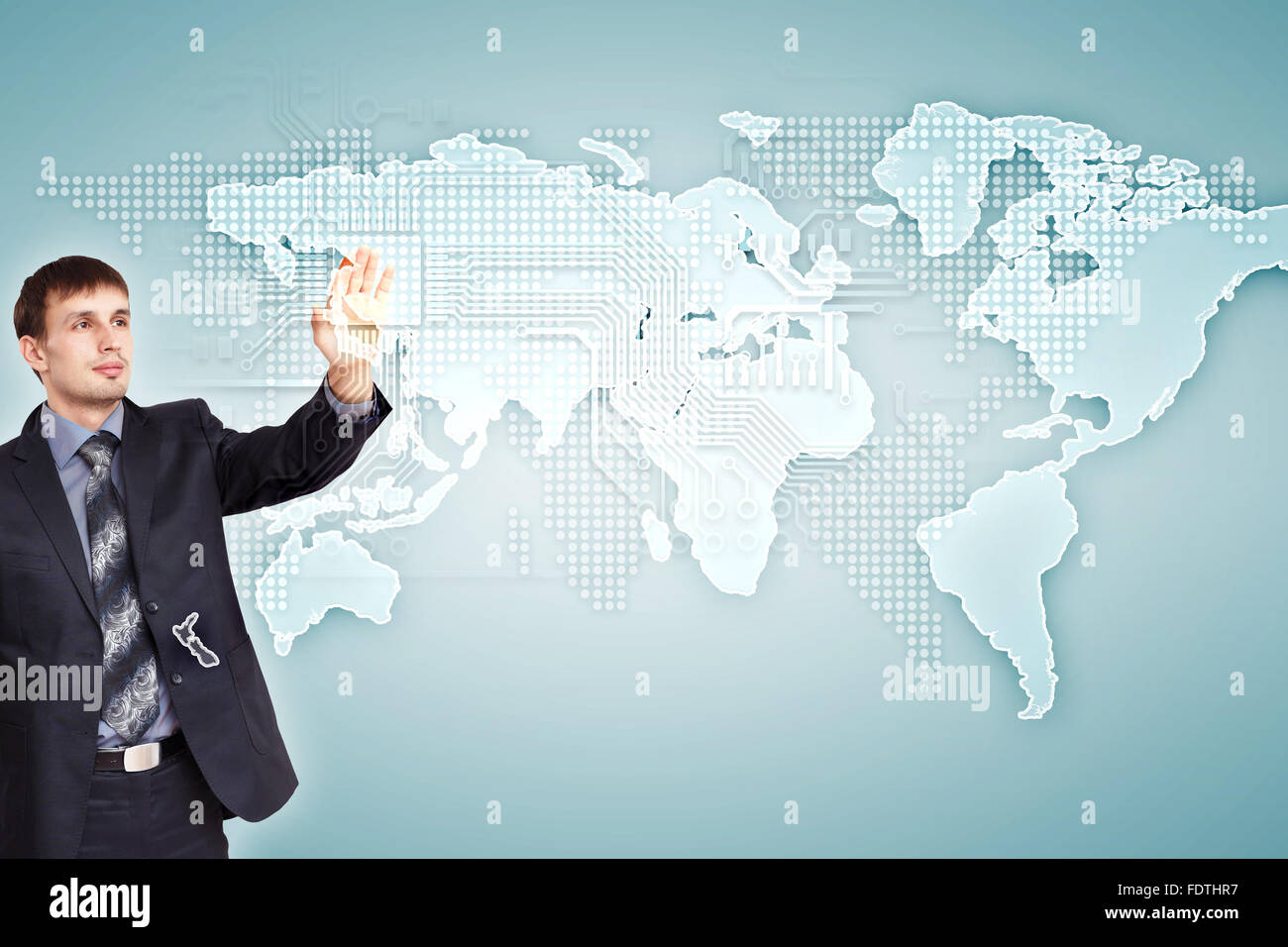 Modern Business World, A businessman navigating virtual world map Stock ...