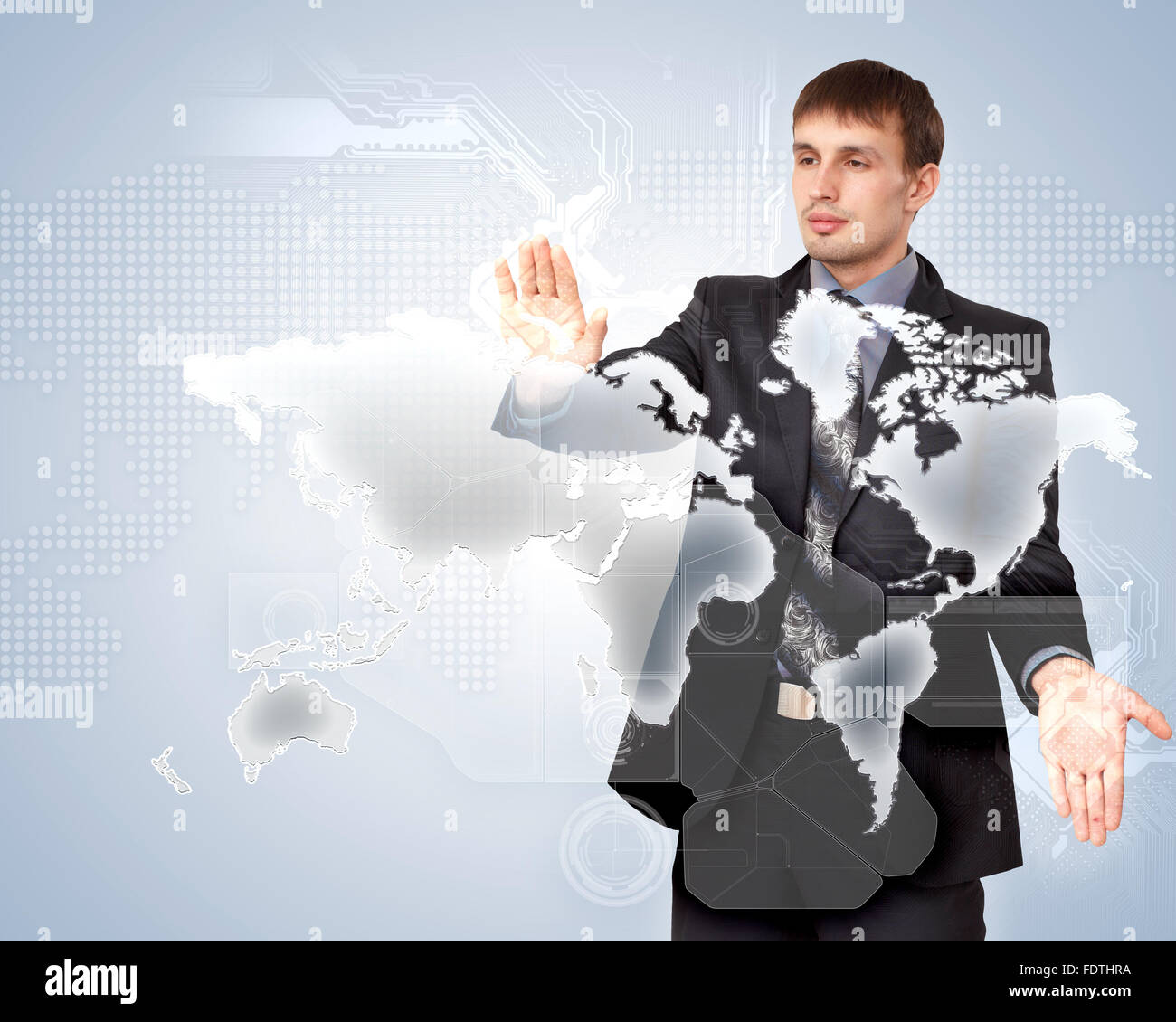 Modern Business World, A businessman navigating virtual world map Stock ...