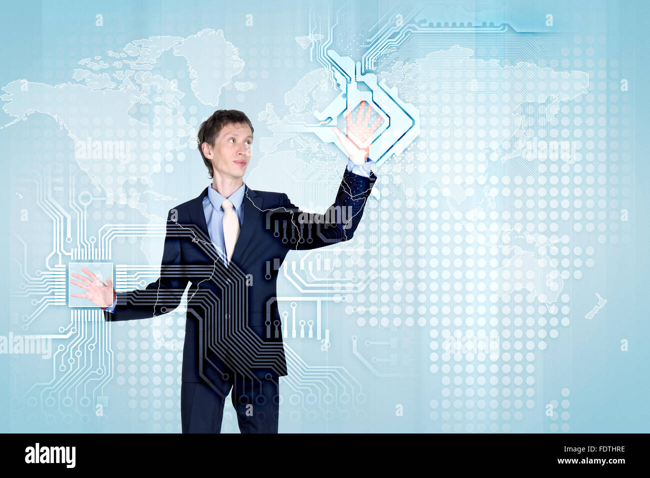 Modern Business World, A businessman navigating virtual world map Stock ...