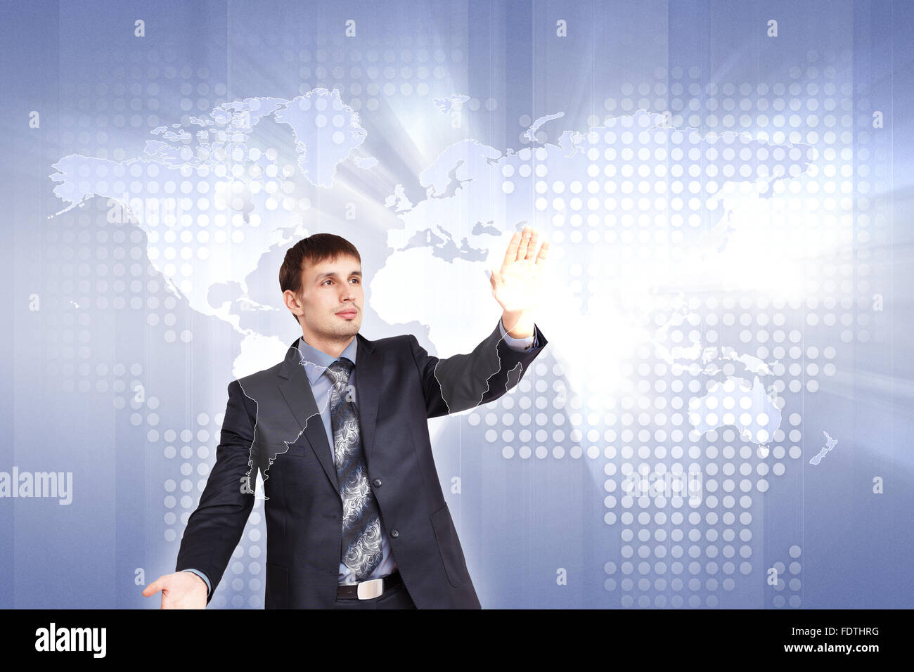 Modern Business World, A businessman navigating virtual world map Stock ...