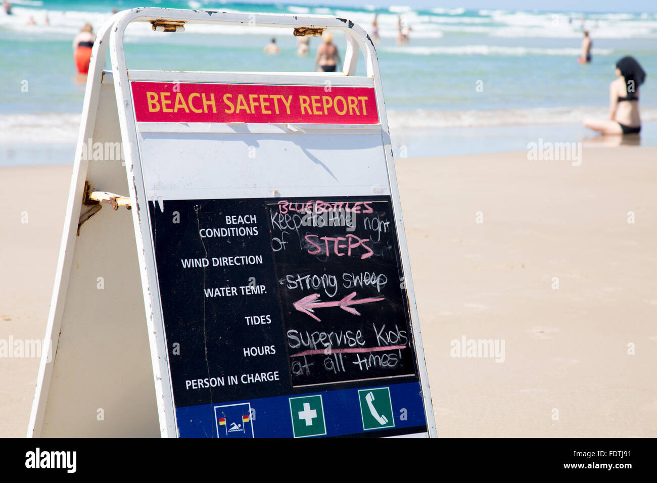Beach safety report warning of strong currents on a beach in Byron Bay ...