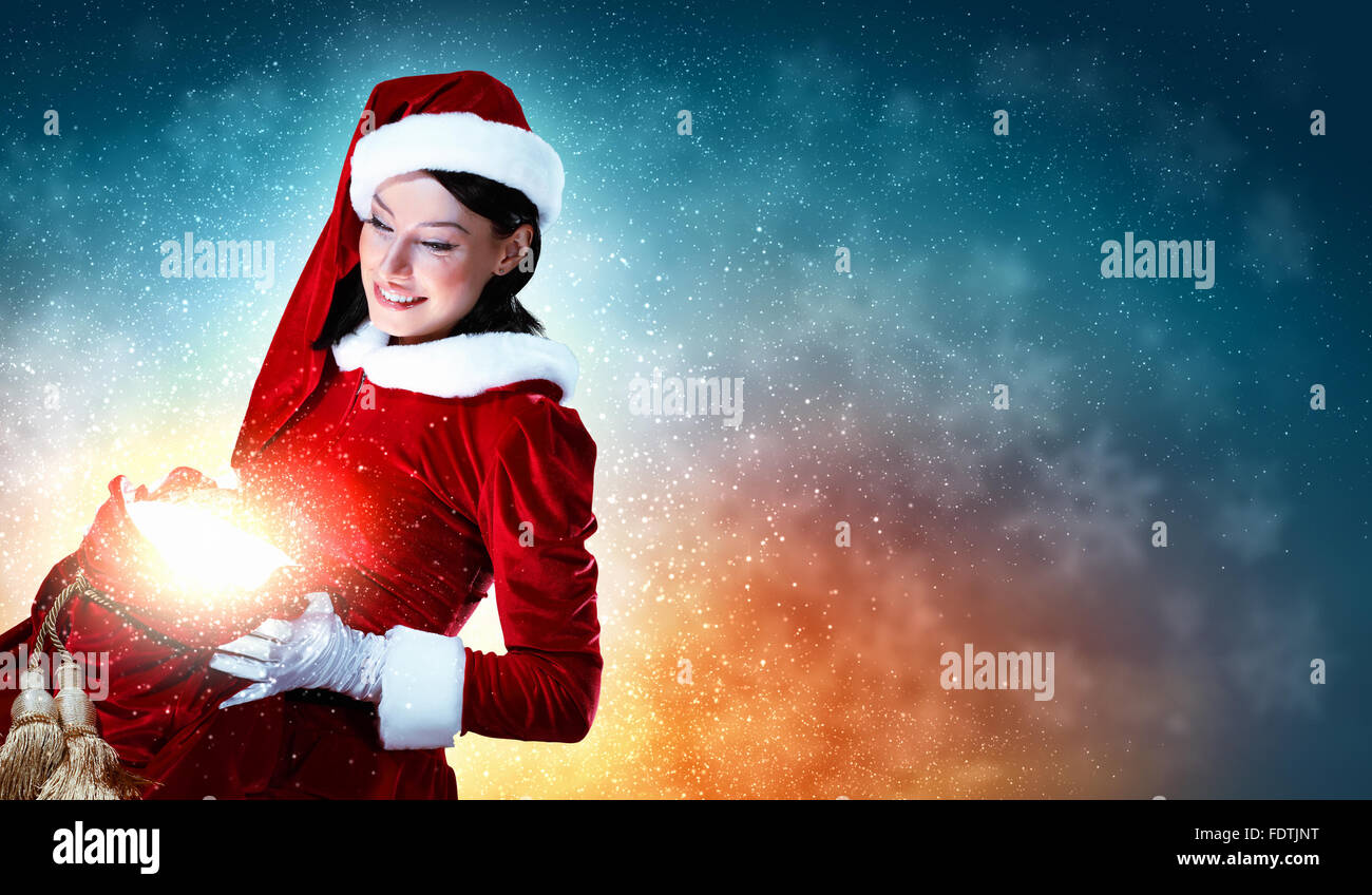 Christmas illlustration of beautiful girl in santa costume Stock Photo ...