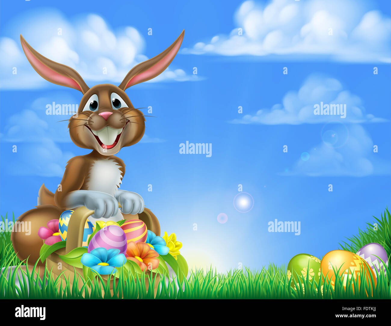 Cartoon Easter scene. Easter bunny with a basket full of decorated ...