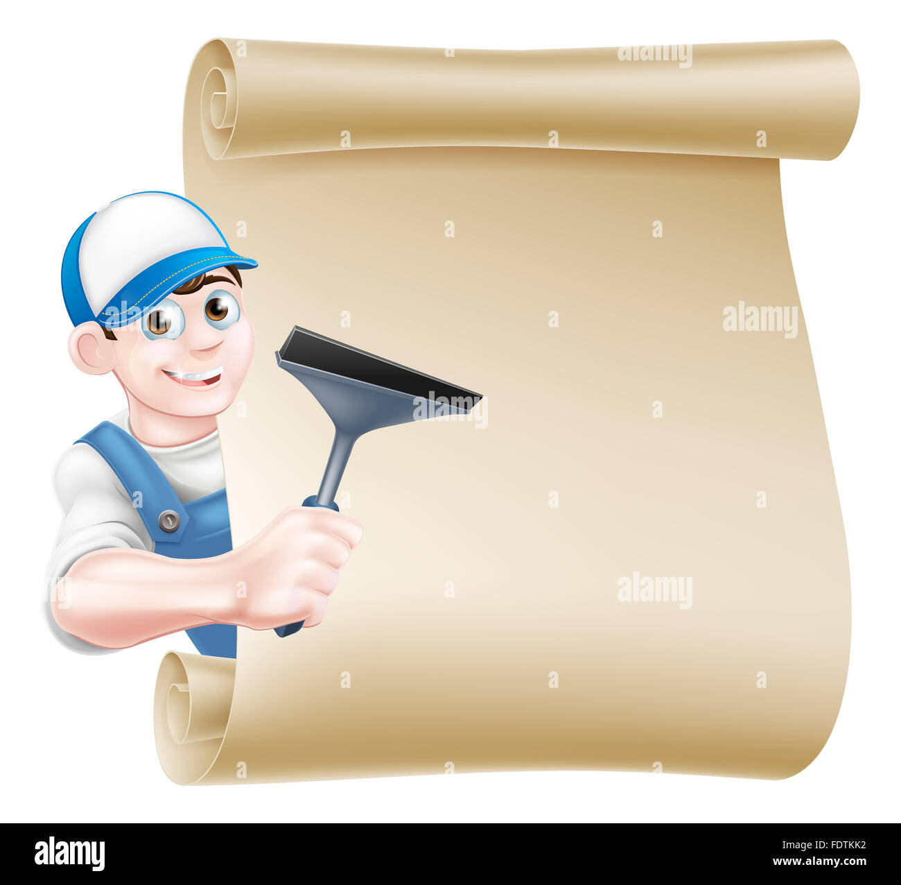 A cartoon window cleaner man in a cap hat and blue overalls holding a ...