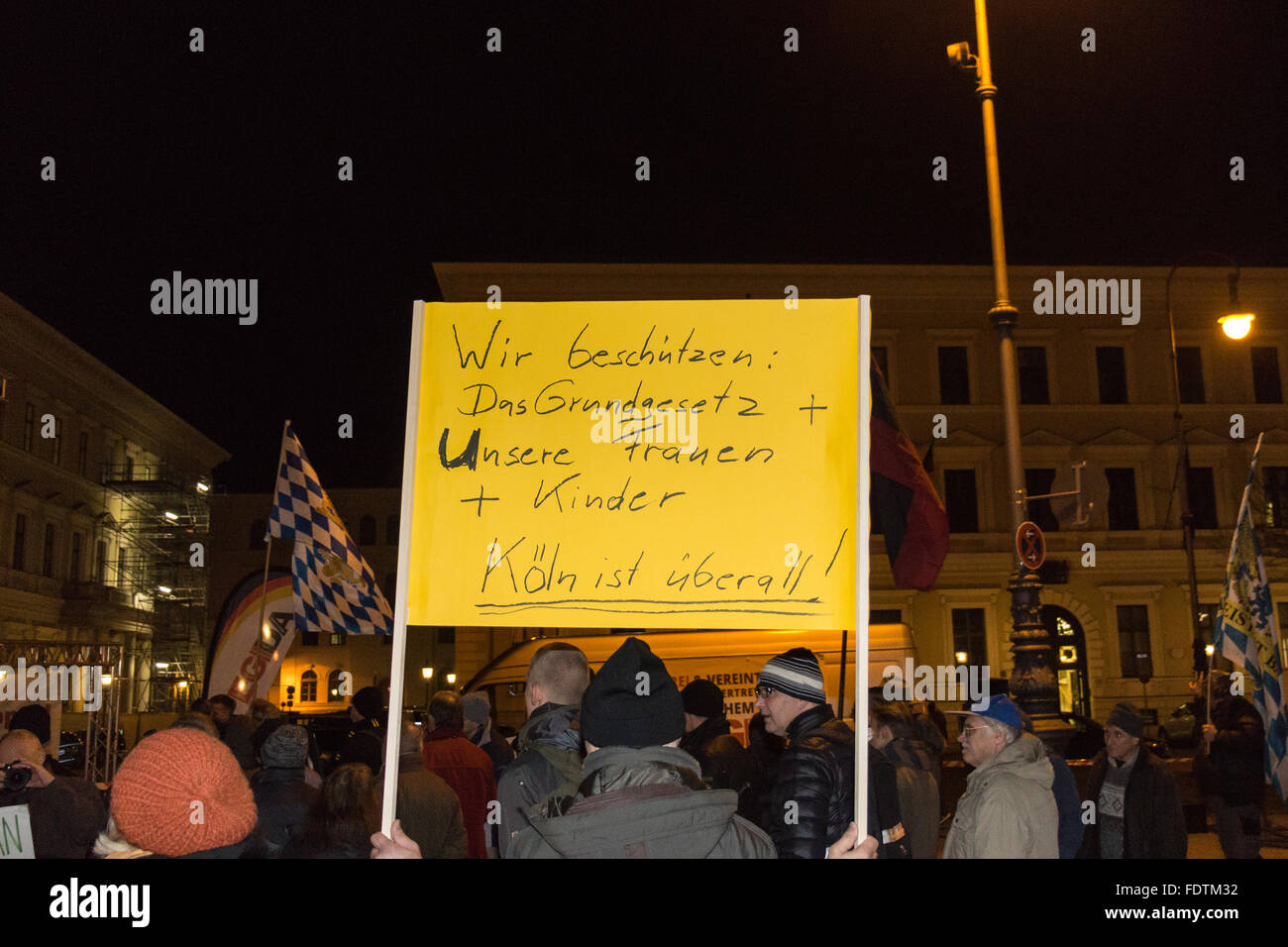 Munich, Germany. 1st Feb, 2016. A sign at the pegida rally which says ...