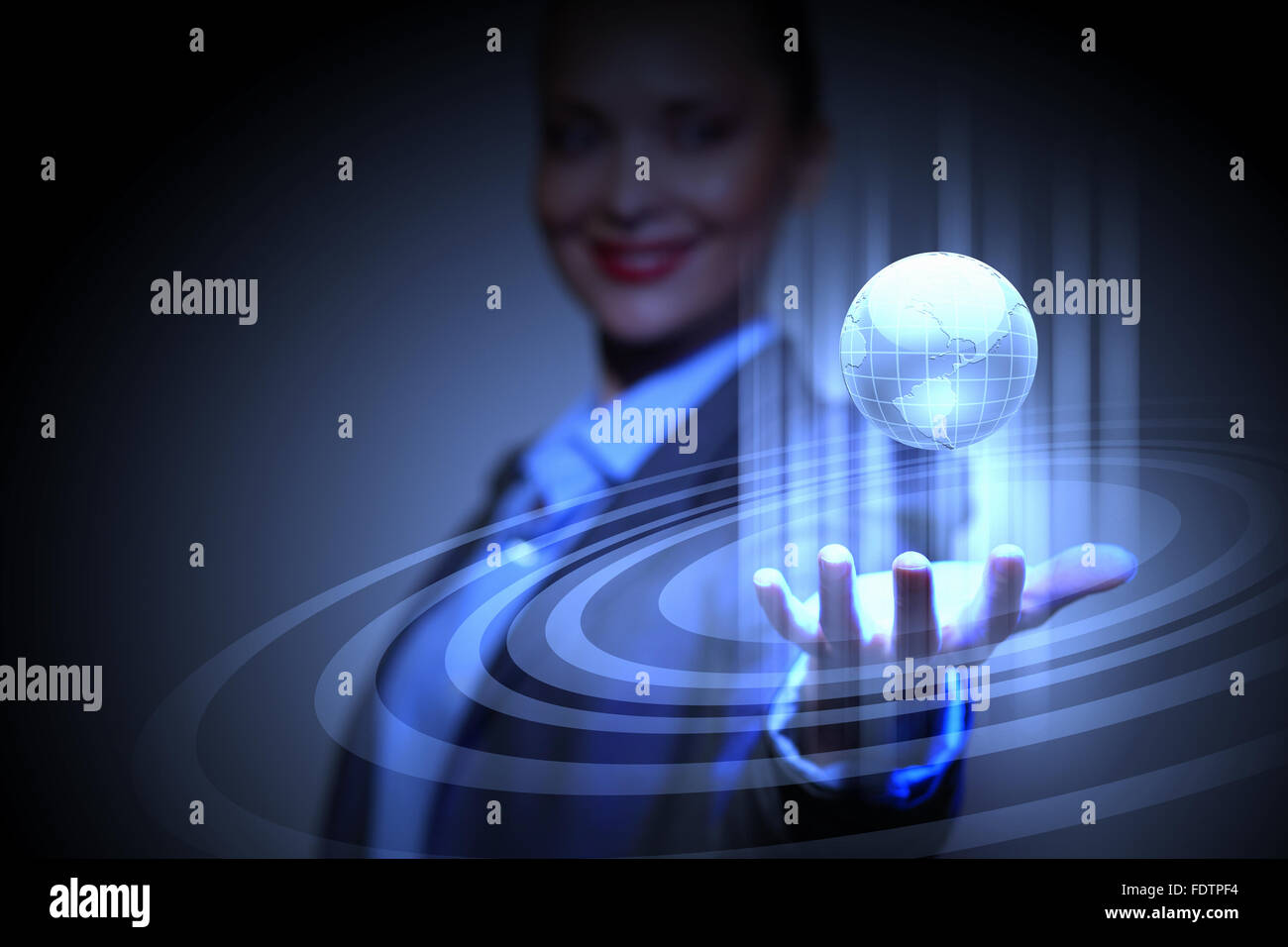 Blue global technology background with the planet Earth Stock Photo - Alamy