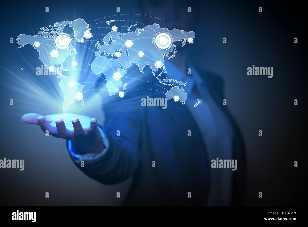 Blue global technology background with the planet Earth map Stock Photo ...