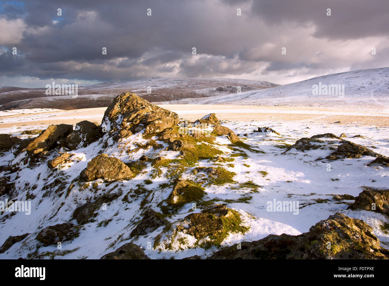 Snow on Sourton Tor with views towards Yes Tor Dartmoor national park ...