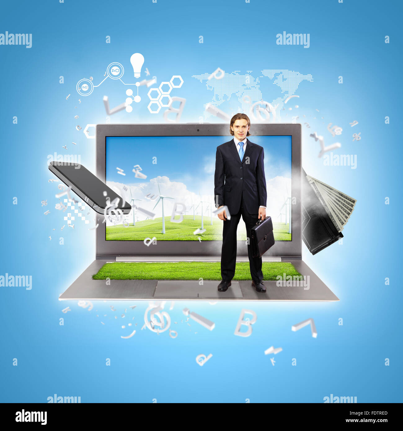 Modern technology illustration with computers and business person Stock ...