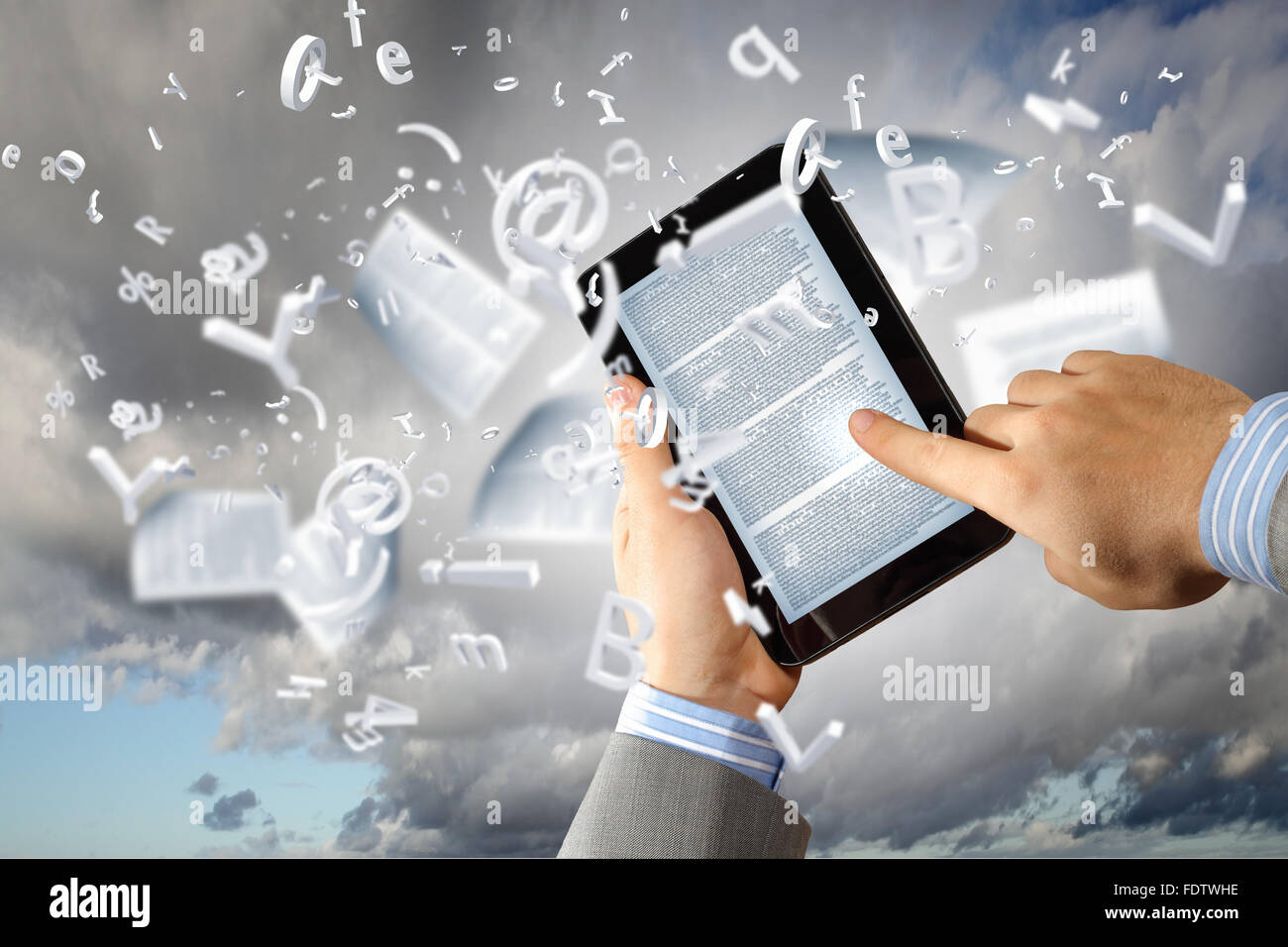 the library in the e-book concept with text pages flying out of a e ...