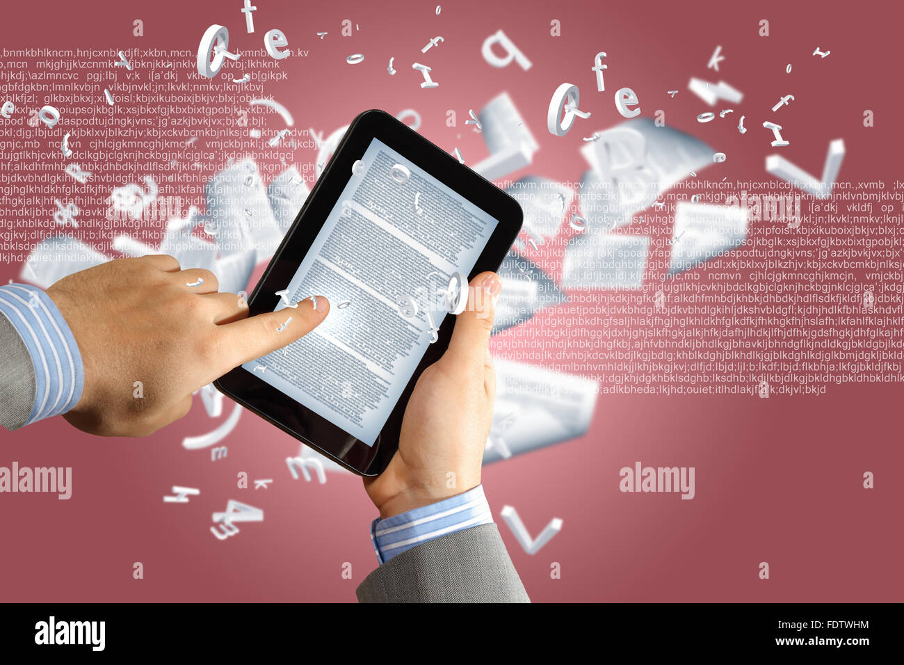 the library in the e-book concept with text pages flying out of a e ...