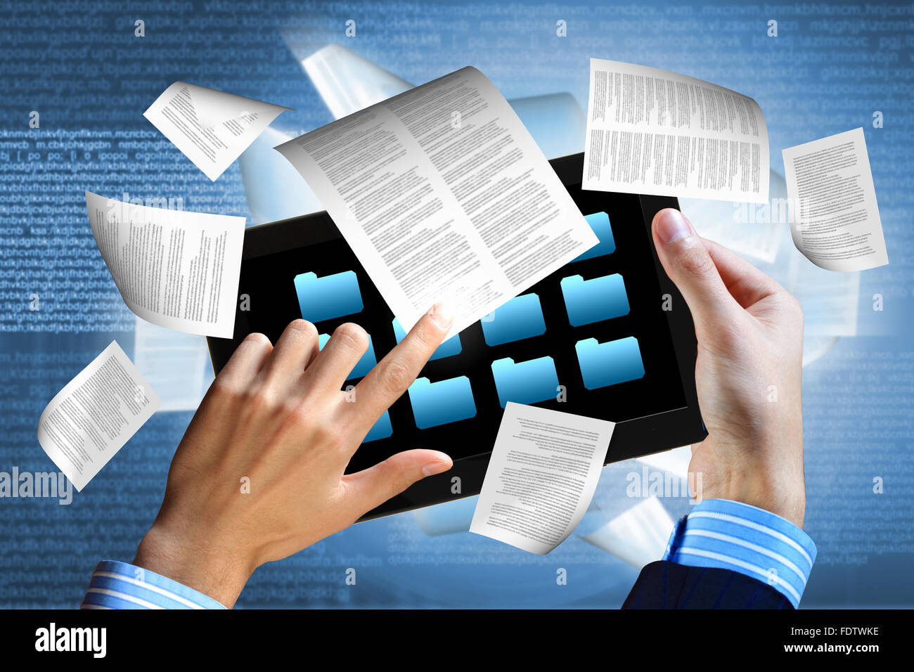 the library in the e-book concept with text pages flying out of a e ...