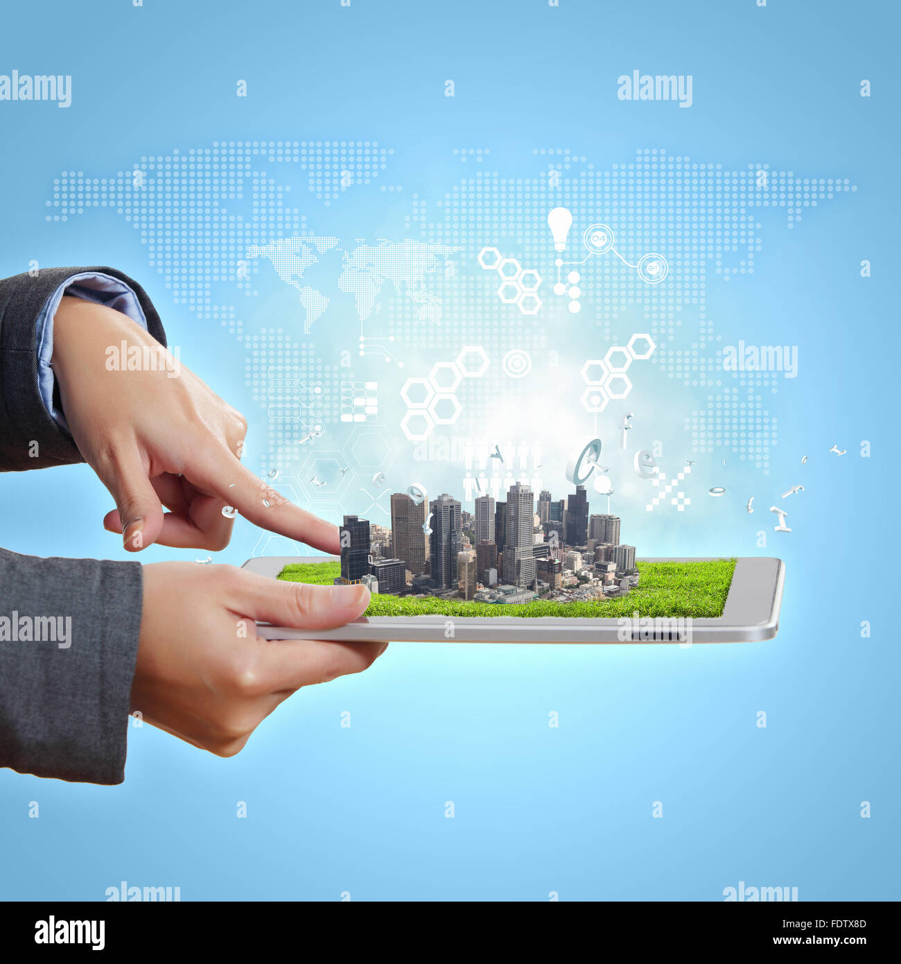 Abstract modern technological digital city illustration with a computer ...