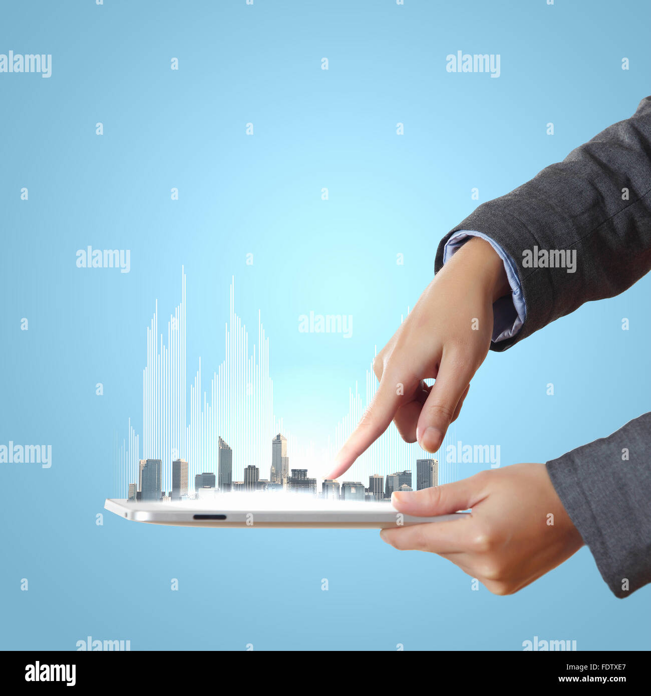 Abstract modern technological digital city illustration with a computer ...