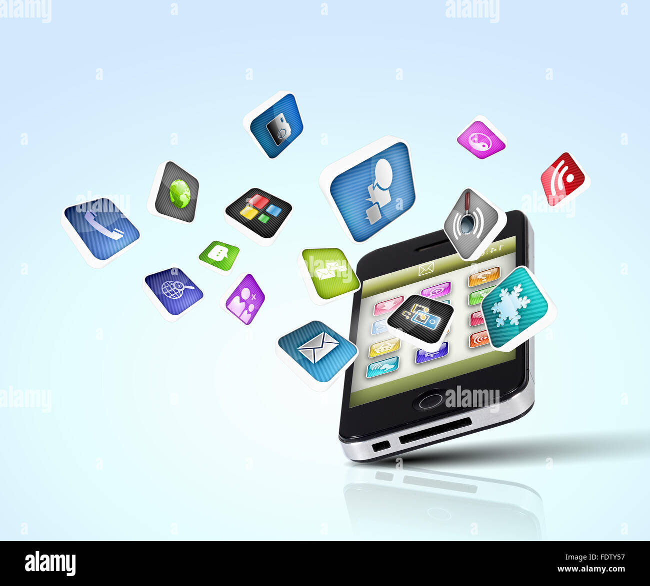 Media technology illustration with mobile phone and icons Stock Photo ...