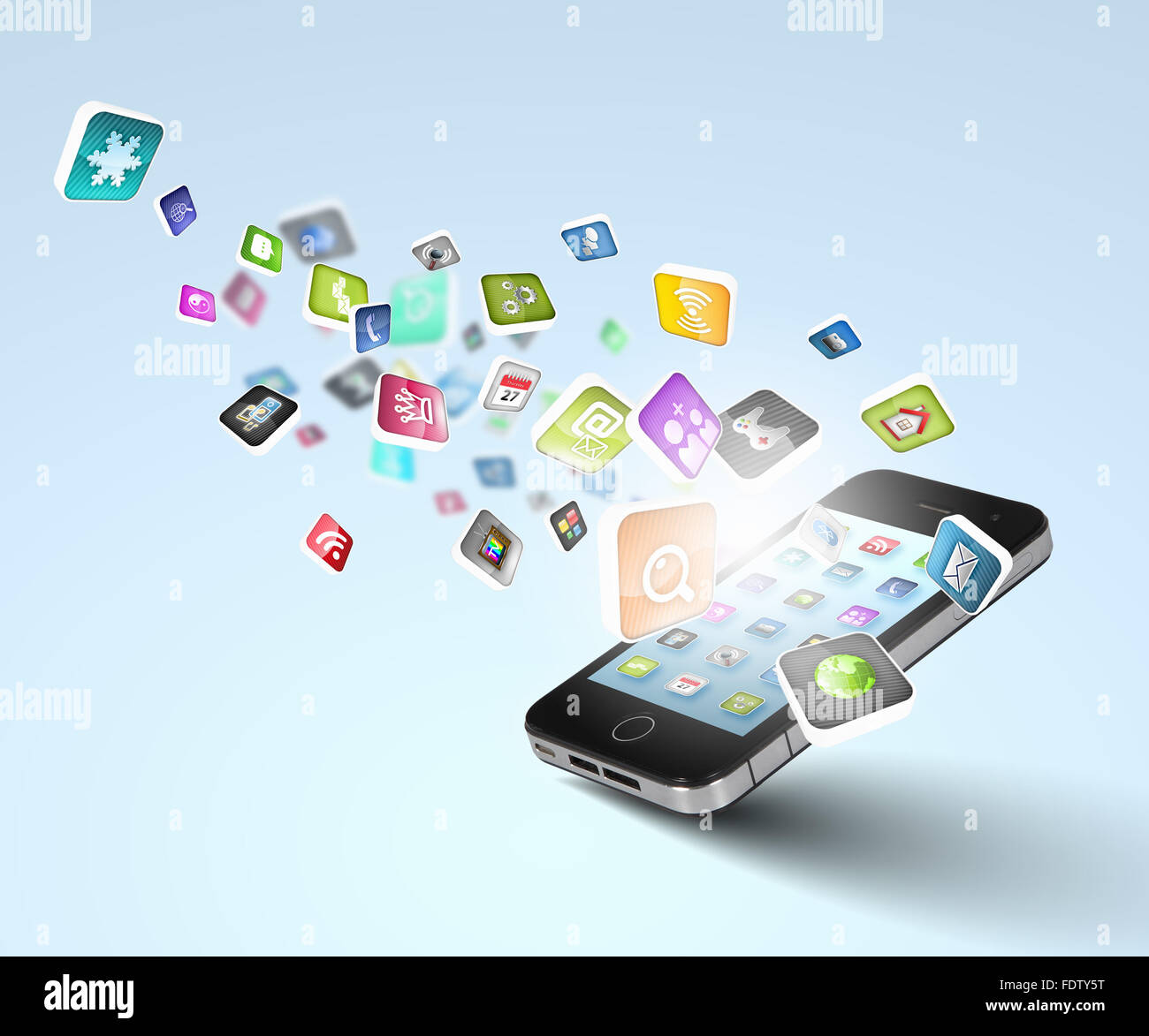 Media technology illustration with mobile phone and icons Stock Photo ...