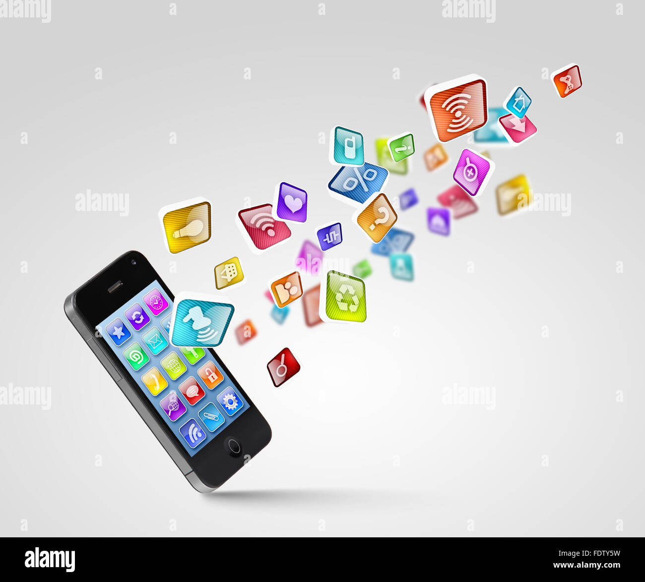 Media technology illustration with mobile phone and icons Stock Photo ...