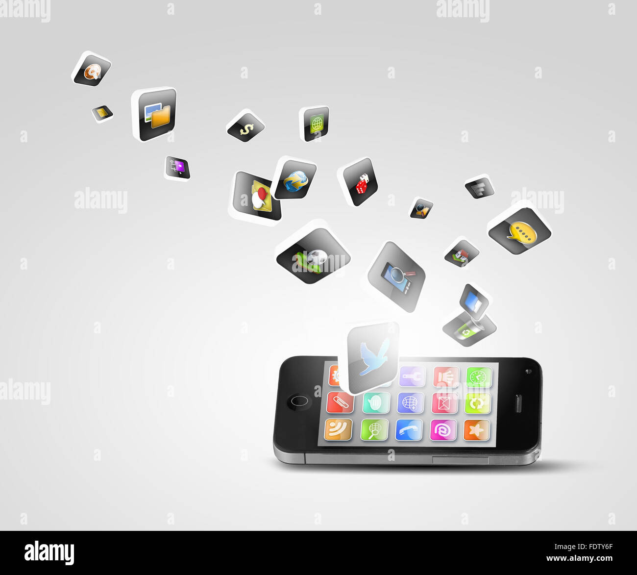 Media technology illustration with mobile phone and icons Stock Photo ...