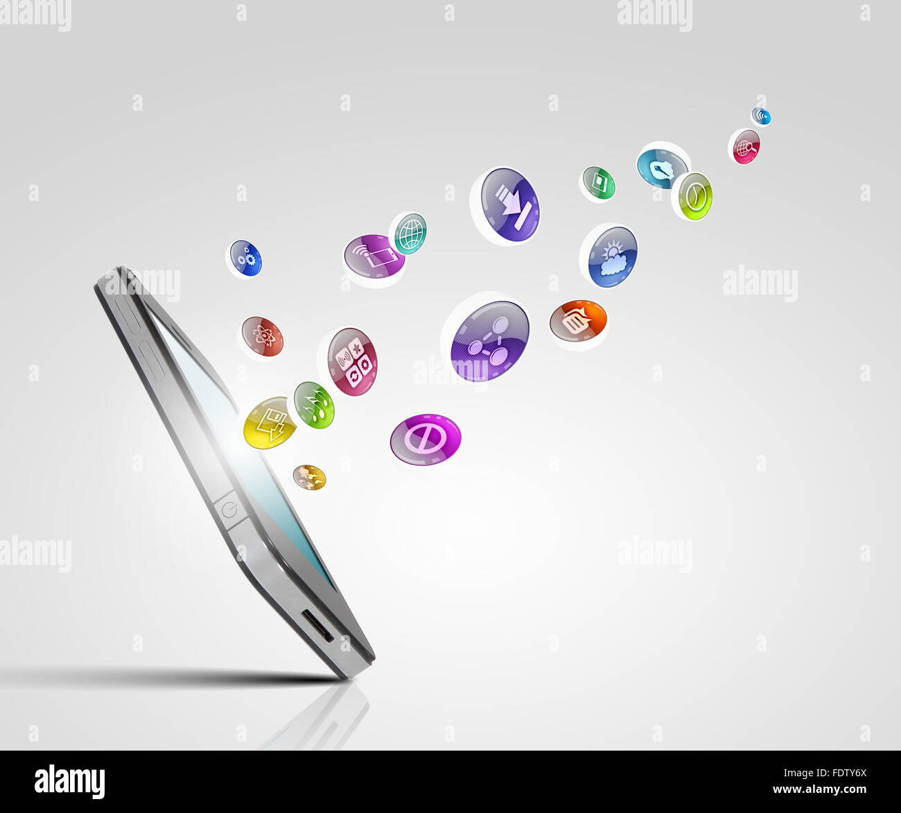 Media technology illustration with mobile phone and icons Stock Photo ...