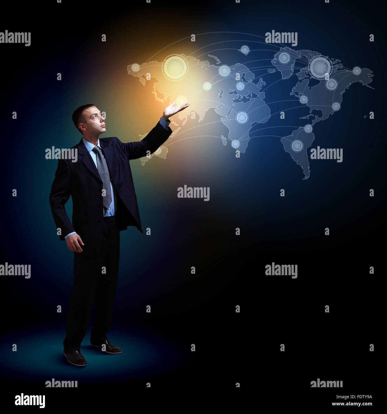 Businessman standing with modern technology symbols next to him Stock ...