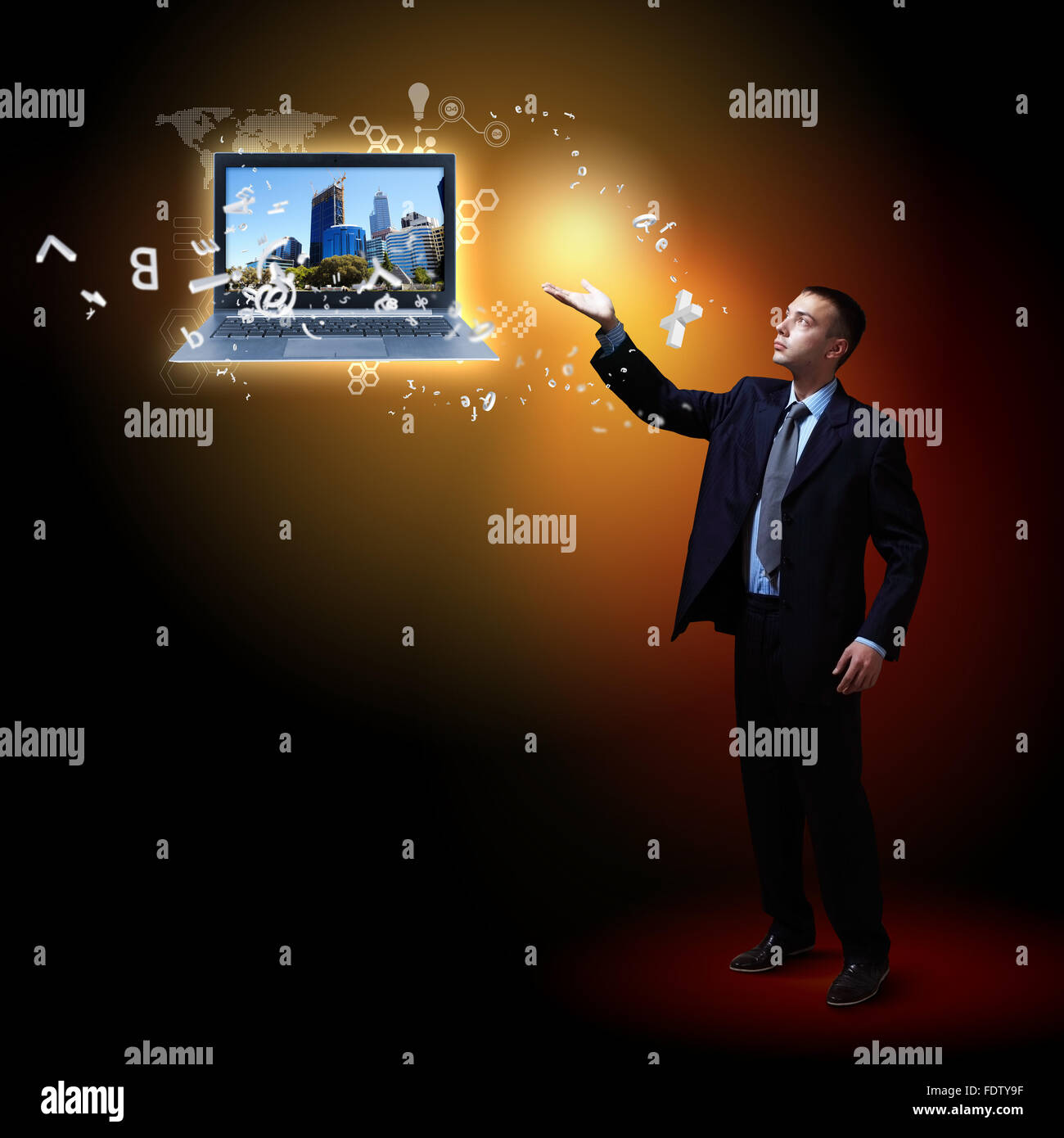 Businessman standing with modern technology symbols next to him Stock ...