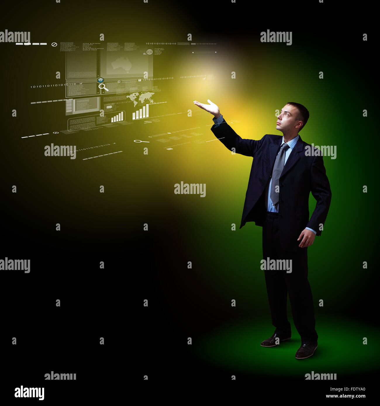 Businessman standing with modern technology symbols next to him Stock ...