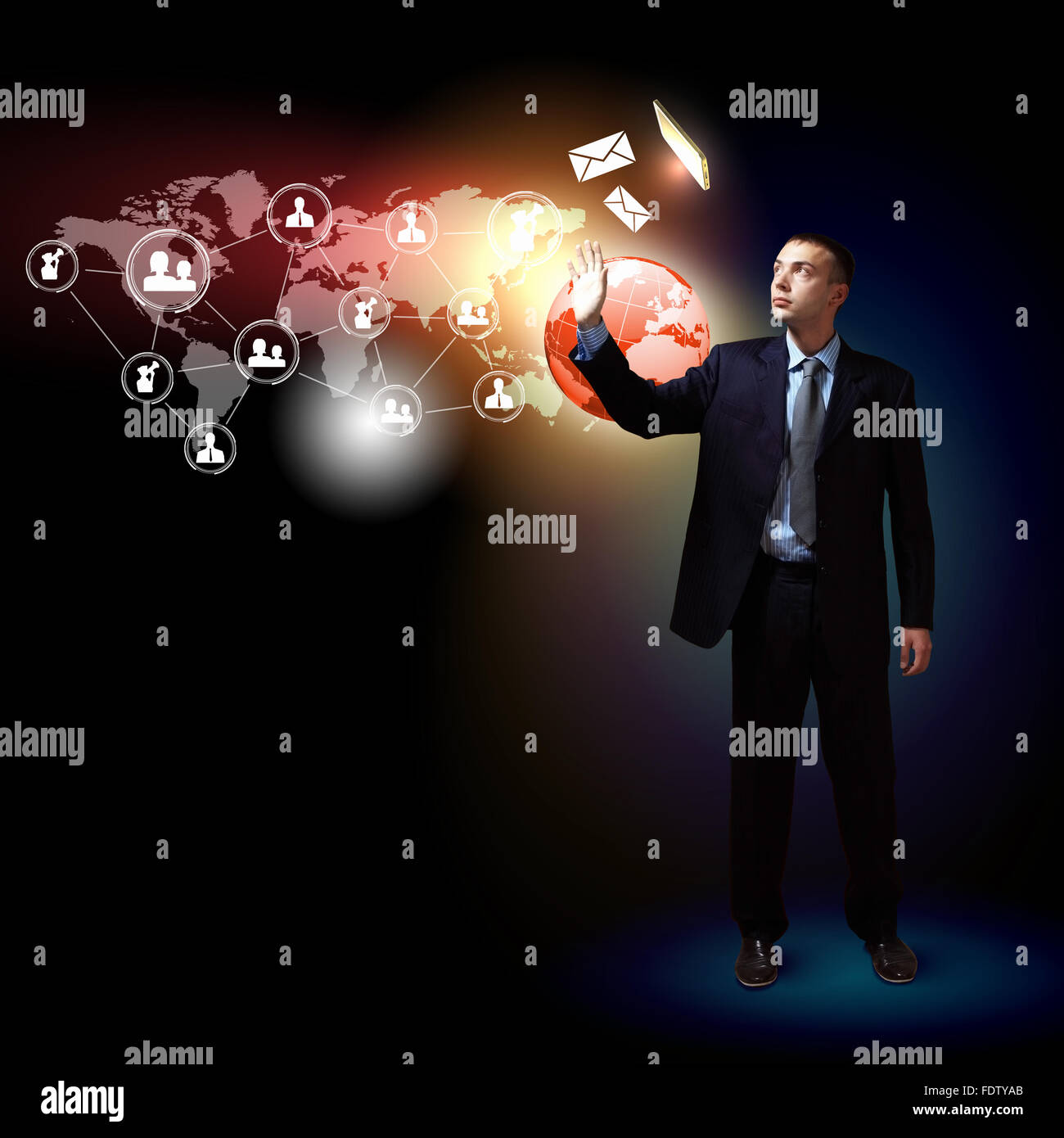 Businessman standing with modern technology symbols next to him Stock ...